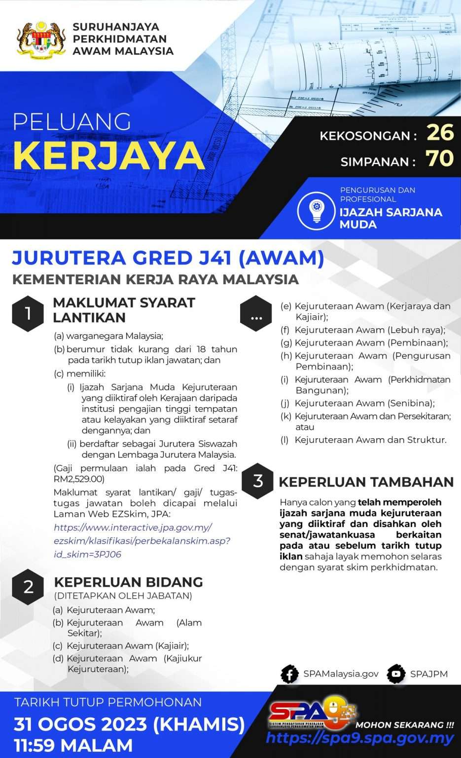 Jurutera Gred J41 (Awam) Kementerian Kerja Raya Malaysia 2023